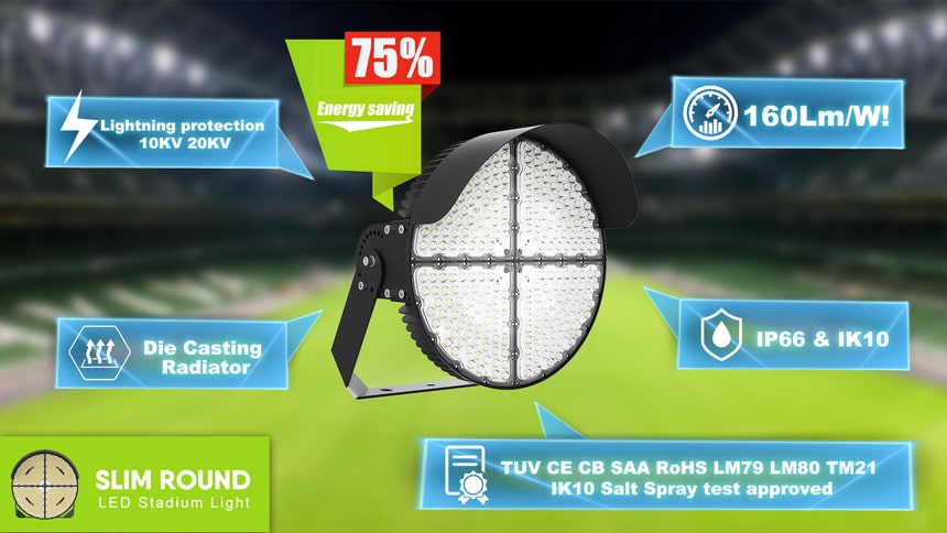 Round Aluminum LED Sports Light 480W - Anti Glare Corrosion-resistant ...